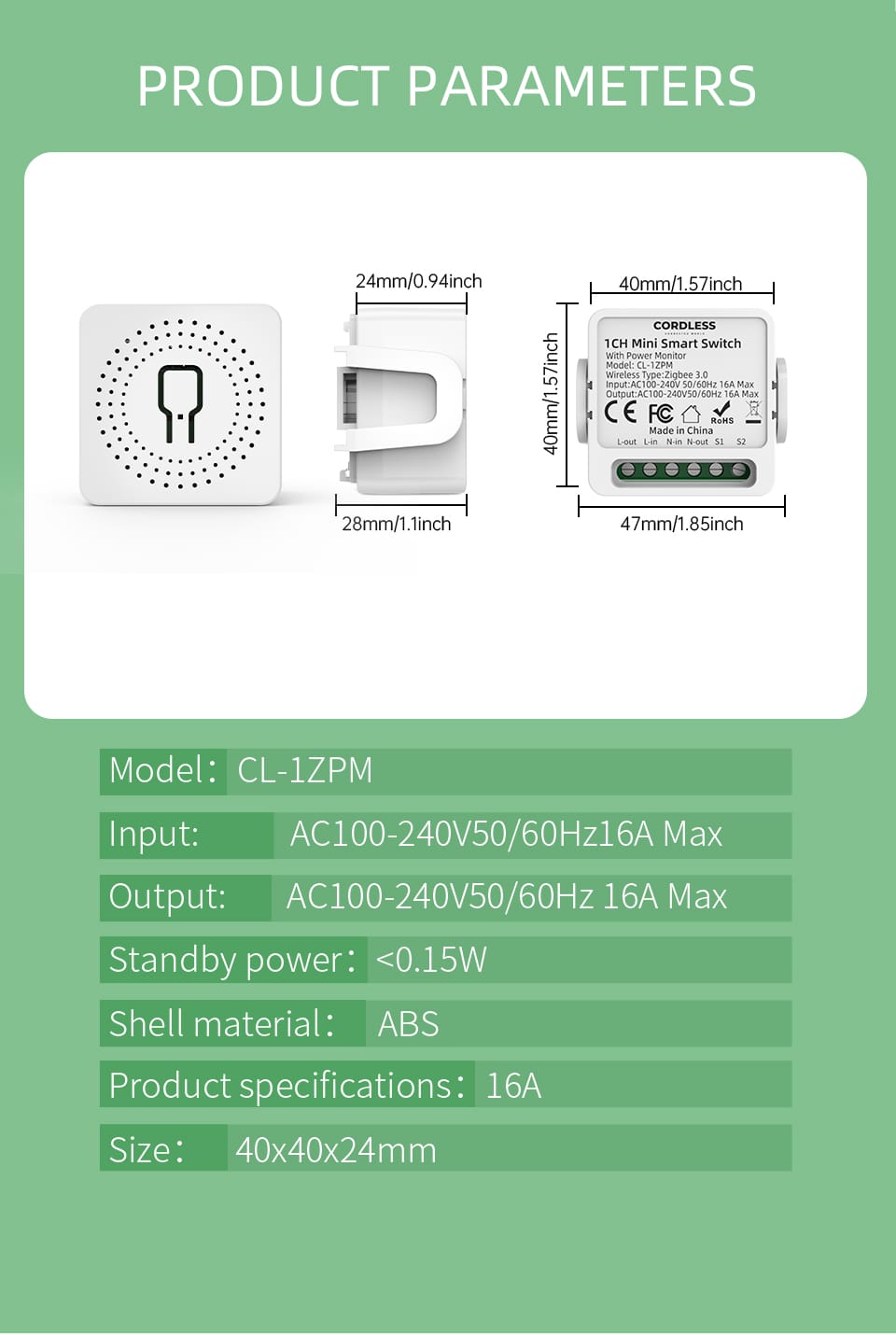 CL-1ZPM Zigbee Mini Smart Switch with Power Monitor – White - Cord-less